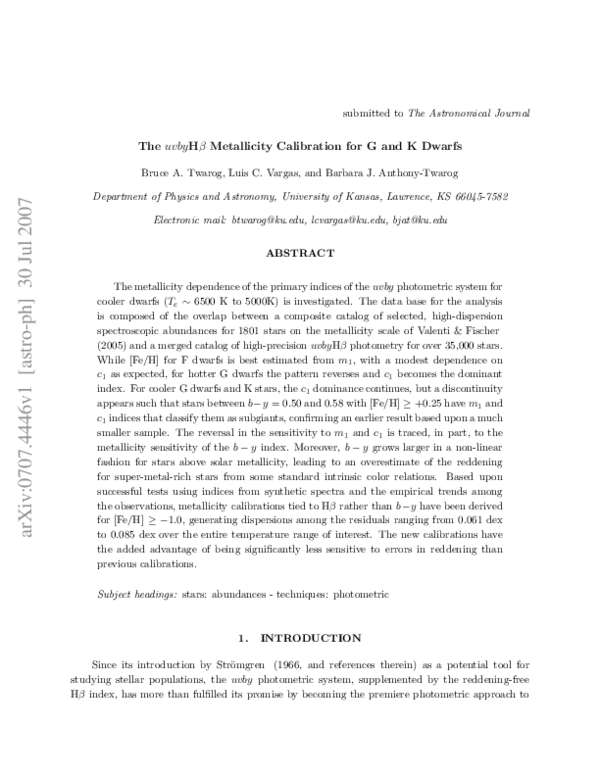 (PDF) The uvby Hβ Metallicity Calibration for G and K Dwarfs