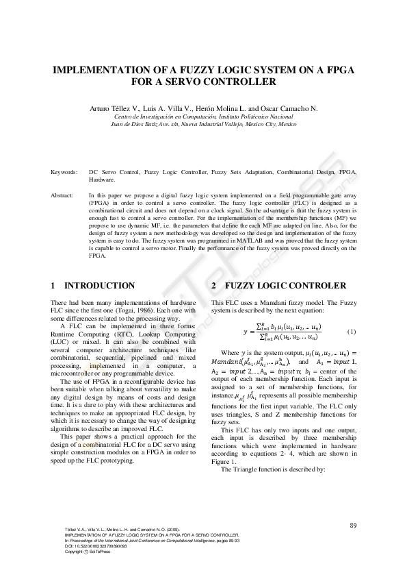 Pdf Implementation Of A Fuzzy Logic System On A Fpga For A Servo Controller