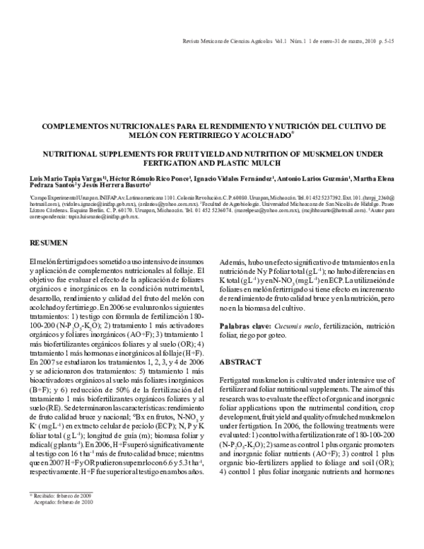 (PDF) Complementos nutricionales para el rendimiento y nutrición del cultivo de melón con ...