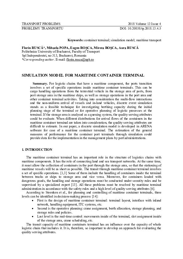 Pdf Simulation Model For Maritime Container Terminal Florin Rusca
