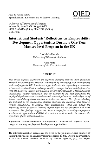 (PDF) International Students’ Reflections on Employability Development Opportunities During a ...