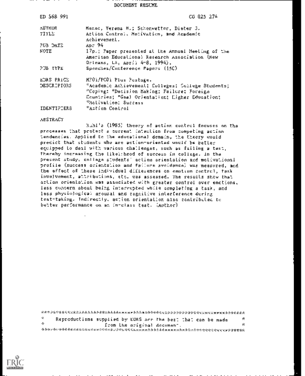 (PDF) Action Control, Motivation, and Academic Achievement