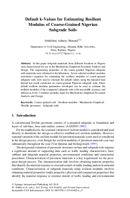 (PDF) Default k-Values for Estimating Resilient Modulus of Coarse-Grained Nigerian Subgrade Soils
