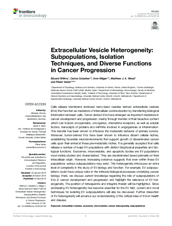 (PDF) Extracellular Vesicle Heterogeneity: Subpopulations, Isolation Techniques, and Diverse ...