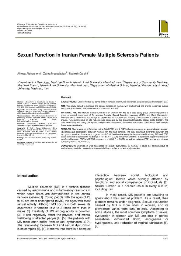 (PDF) Sexual Function in Iranian Female Multiple Sclerosis Patients
