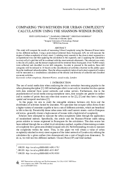 Pdf Comparing Two Methods For Urban Complexity Calculation Using The