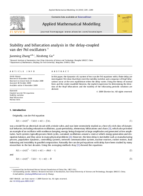 (PDF) Stability and bifurcation analysis in the delay-coupled van der Pol oscillators