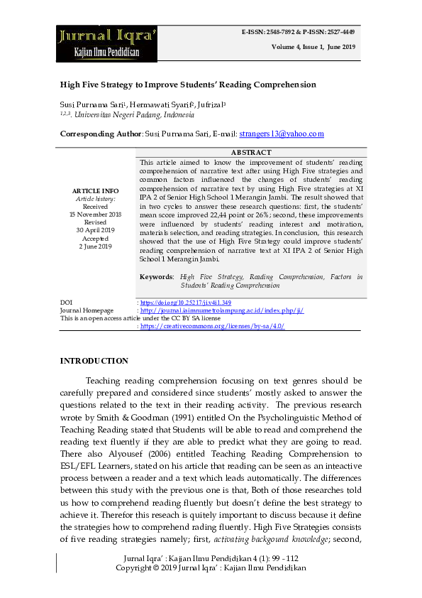 (PDF) High Five Strategy to Improve Students’ Reading Comprehension