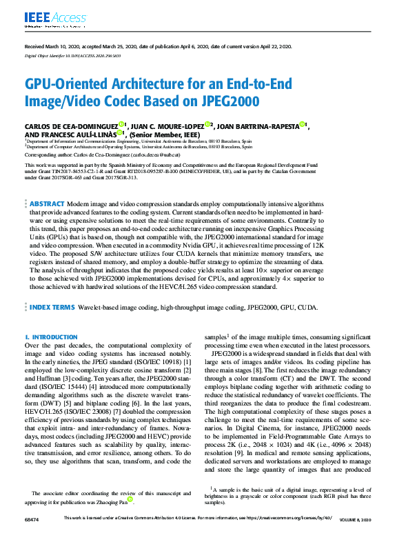 (PDF) GPU-Oriented Architecture for an End-to-End Image/Video Codec Based on JPEG2000