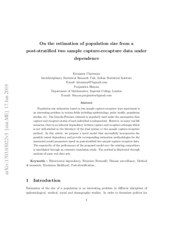 Pdf On The Estimation Of Population Size From A Post Stratified Two