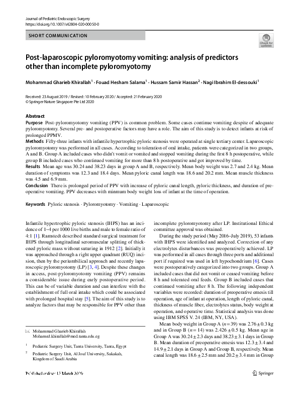 Pdf Post Laparoscopic Pyloromyotomy Vomiting Analysis Of Predictors