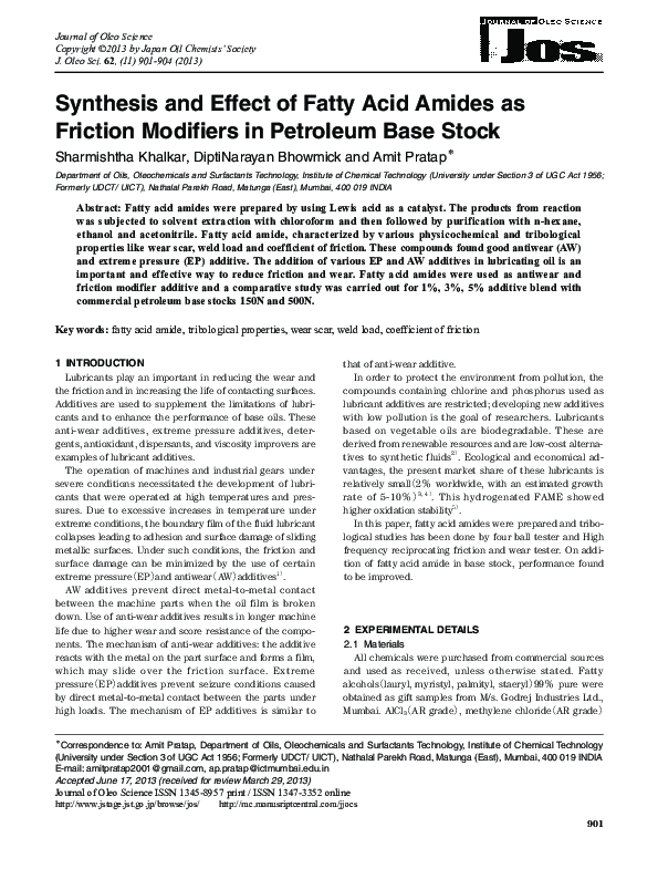 (PDF) Synthesis and Effect of Fatty Acid Amides as Friction Modifiers ...