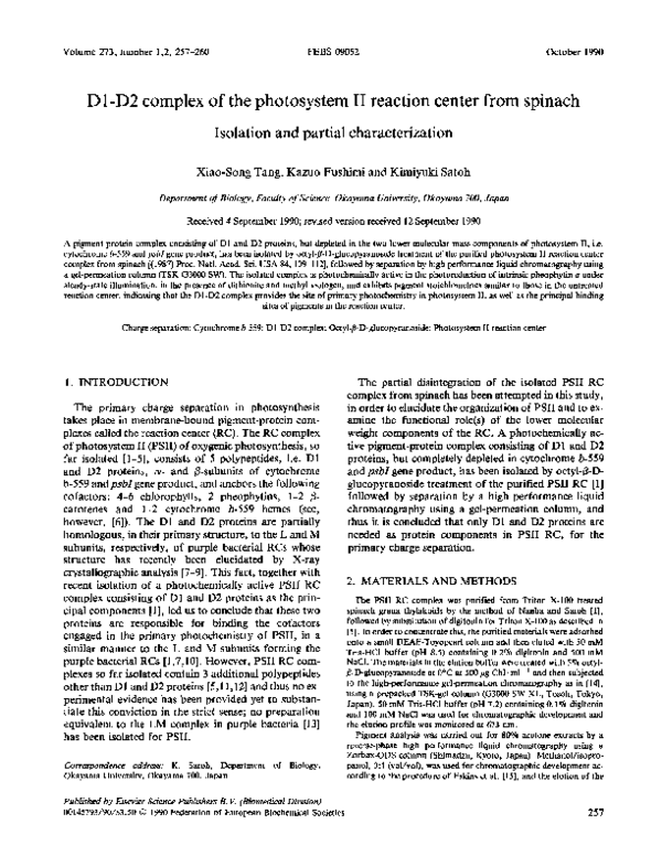 (PDF) D1-D2 complex of the photosystem II reaction center from spinach Isolation and partial ...