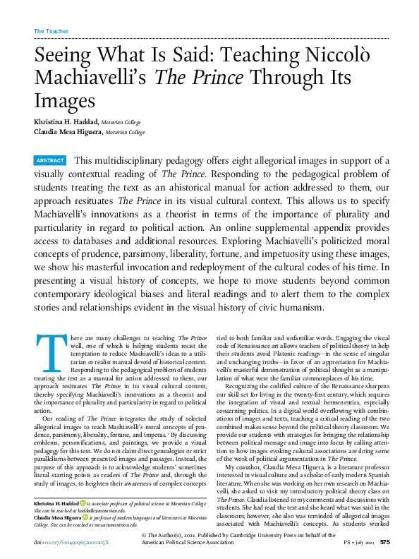 (PDF) Seeing What Is Said: Teaching Niccolò Machiavelli’s The Prince ...
