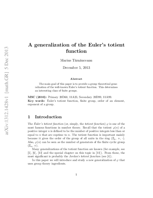 (PDF) A generalization of the Euler’s totient function