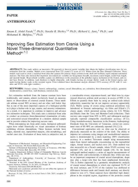 Pdf Improving Sex Estimation From Crania Using Novel 3d Quantitative