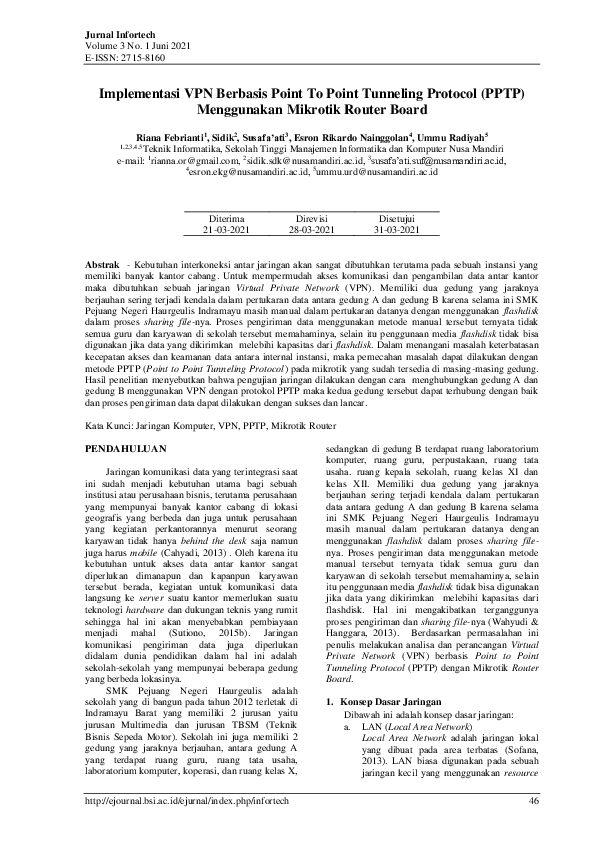 Pdf Implementasi Vpn Berbasis Point To Point Tunneling Protocol Pptp Menggunakan Mikrotik