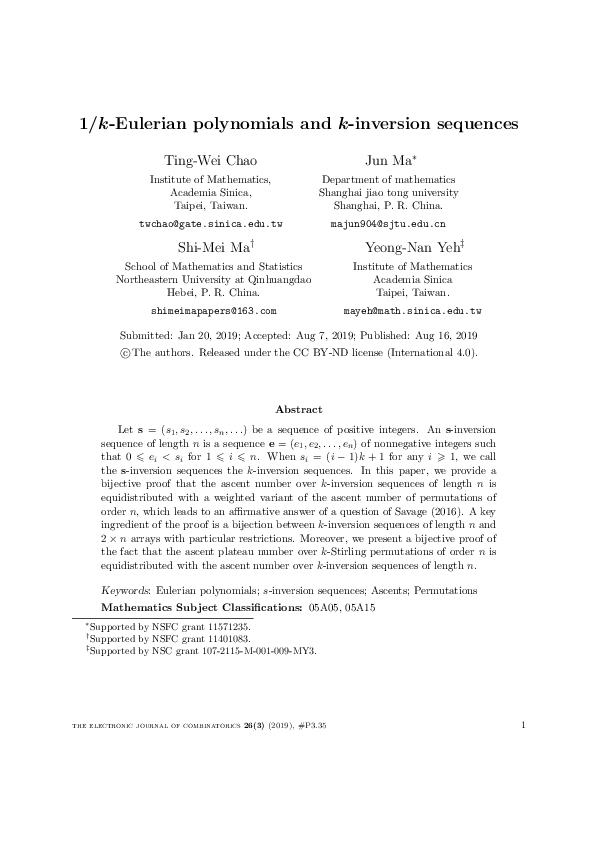 (PDF) $1/k$-Eulerian Polynomials and $k$-Inversion Sequences