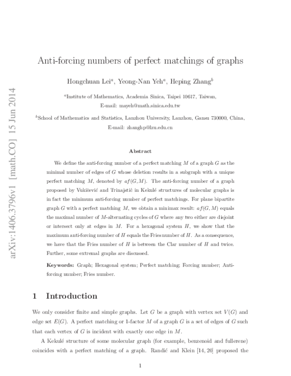 (PDF) Anti-forcing numbers of perfect matchings of graphs