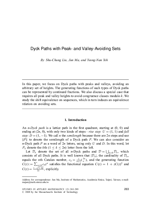 (PDF) Dyck Paths with Peak- and Valley-Avoiding Sets