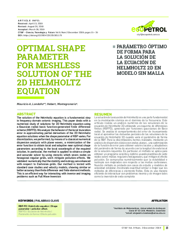 (PDF) Optimal shape parameter for meshless solution of the 2D Helmholtz equation