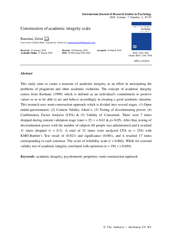 (PDF) Construction of academic integrity scale