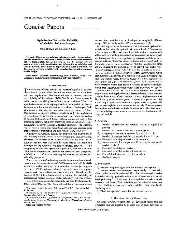 Pdf Optimization Models For Reliability Of Modular Software Systems