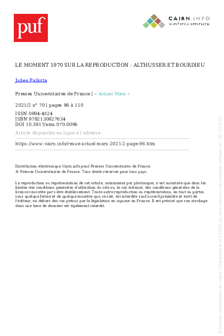 (PDF) LE MOMENT 1970 SUR LA REPRODUCTION : ALTHUSSER ET BOURDIEU
