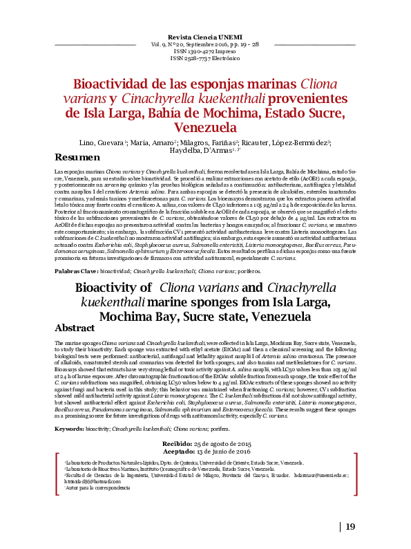 (PDF) Bioactividad de las esponjas marinas Cliona varians y ...