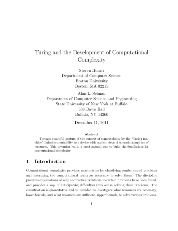 (PDF) Turing and the Development of Computational Complexity