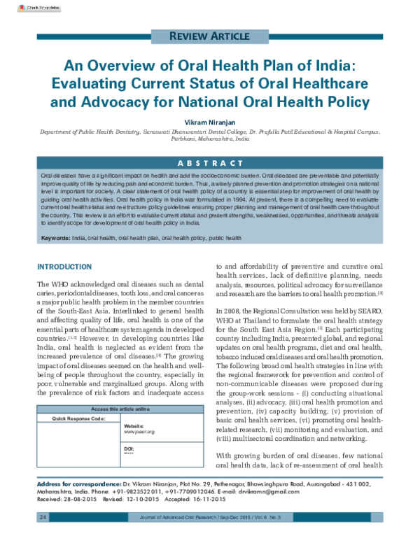 (PDF) An Overview of Oral Health Plan of India: Evaluating Current ...