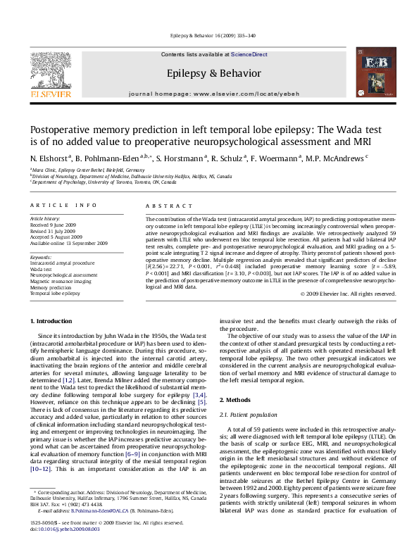 (PDF) Postoperative memory prediction in left temporal lobe epilepsy ...