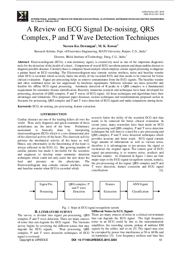 Pdf A Review On Ecg Signal De Noising Qrs Complex P And T Wave Detection Techniques