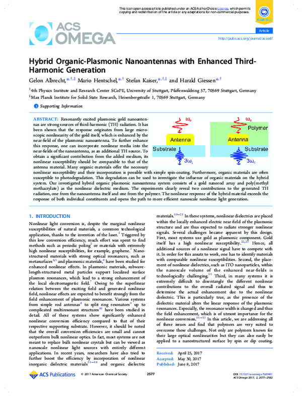 (PDF) Hybrid Organic-Plasmonic Nanoantennas with Enhanced Third-Harmonic Generation