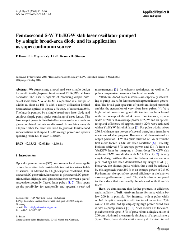 (PDF) Femtosecond 5-W Yb:KGW slab laser oscillator pumped by a single broad-area diode and its ...