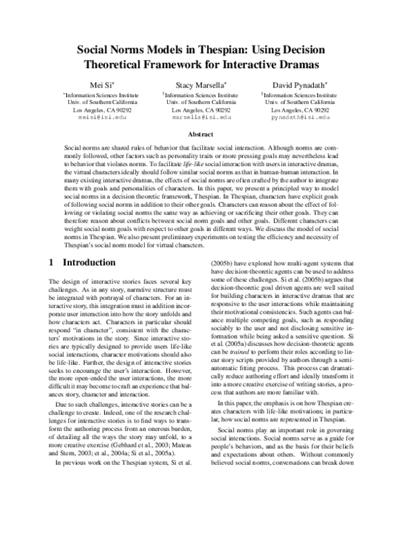 (PDF) Social Norms Models in Thespian: Using Decision Theoretical Framework for Interactive Dramas