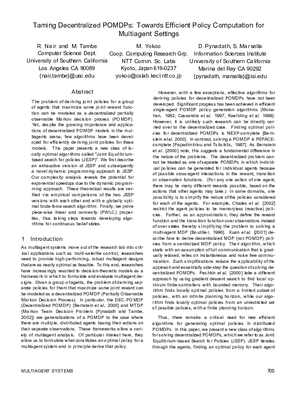 (PDF) Taming decentralized POMDPs: Towards efficient policy computation ...