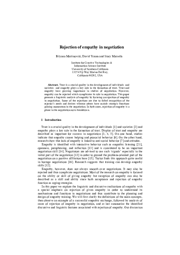 (PDF) Rejection of Empathy in Negotiation