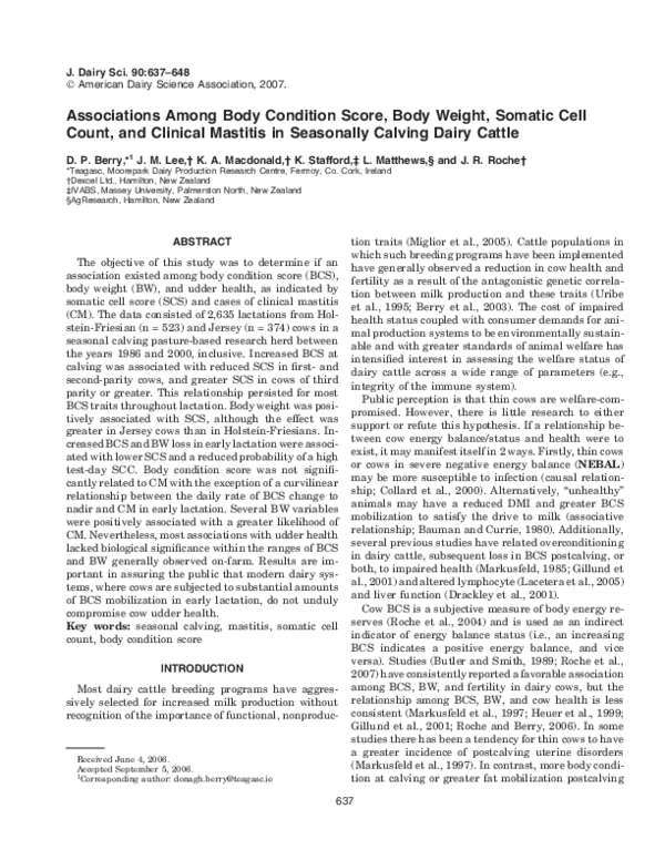 (PDF) Associations Among Body Condition Score, Body Weight, and ...