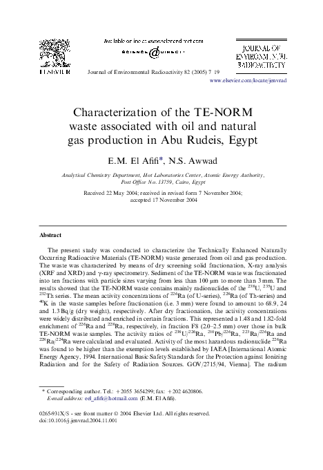 (PDF) Characterization of the TE-NORM waste associated with oil and ...
