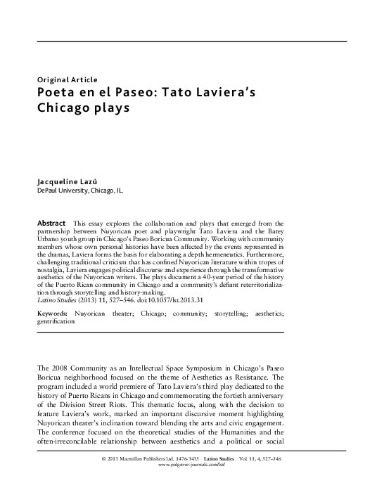 (PDF) Tato Laviera's Chicago Plays: A Hermeneutic Lens