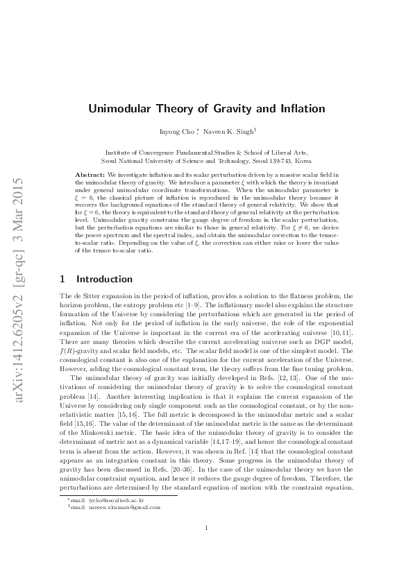 (PDF) Unimodular theory of gravity and inflation