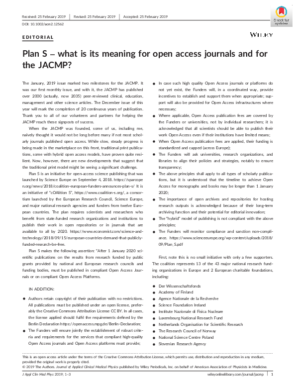 (PDF) Plan S - what is its meaning for open access journals and for the ...