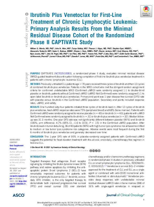 (PDF) Ibrutinib Plus Venetoclax for First-Line Treatment of Chronic Lymphocytic Leukemia ...