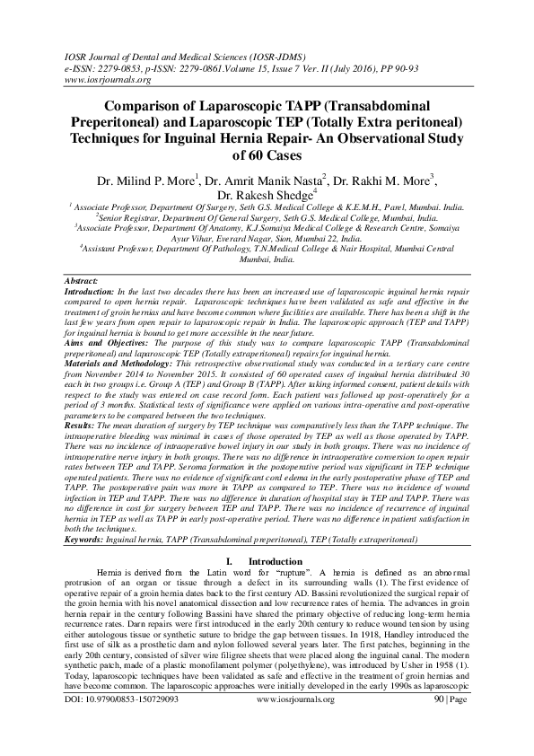 (PDF) Comparison of Laparoscopic TAPP (Transabdominal Preperitoneal) and Laparoscopic TEP ...