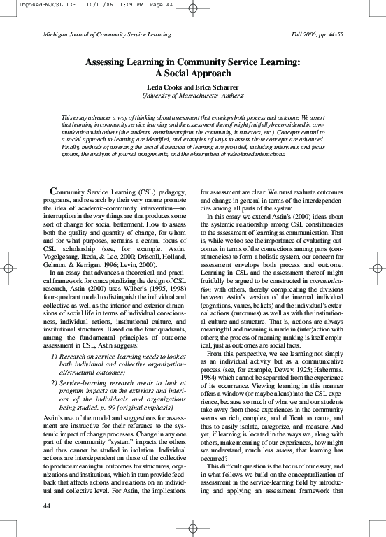(PDF) Assessing Learning in Community Service Learning: A Social Approach