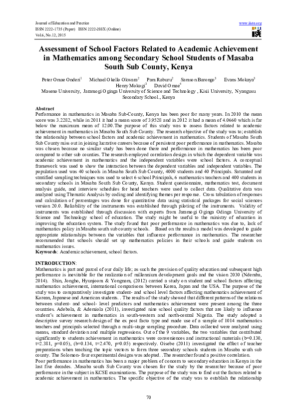 (PDF) Assessment of School Factors Related to Academic Achievement in ...