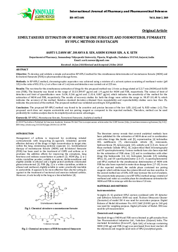 Pdf Simultaneous Estimation Of Mometasone Furoate And Formoterol Fumarate By Hplc Method In