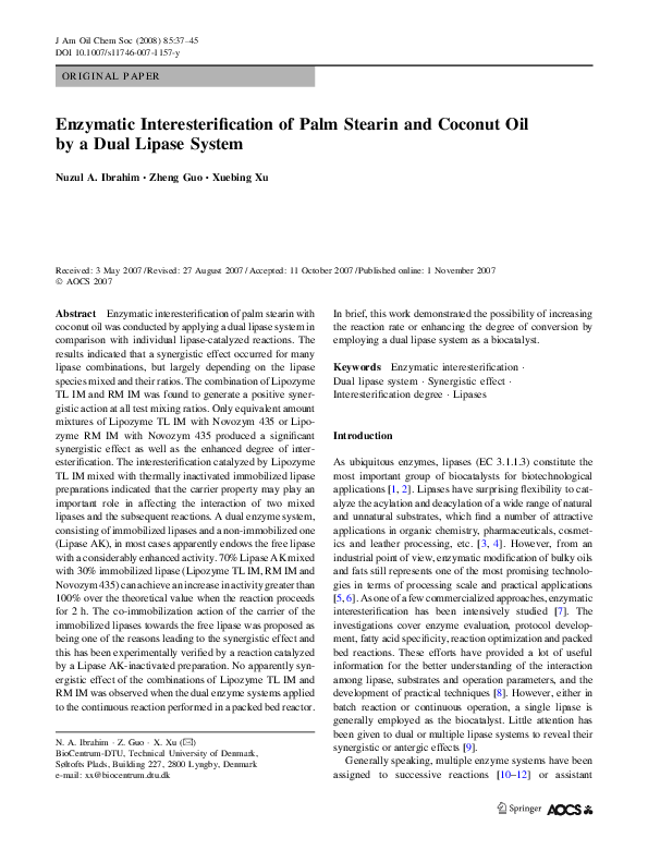 (PDF) Enzymatic Interesterification of Palm Stearin and Coconut Oil by a Dual Lipase System