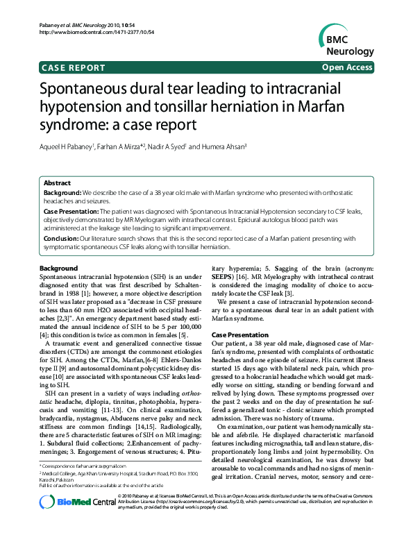 (PDF) Spontaneous dural tear leading to intracranial hypotension and tonsillar herniation in ...